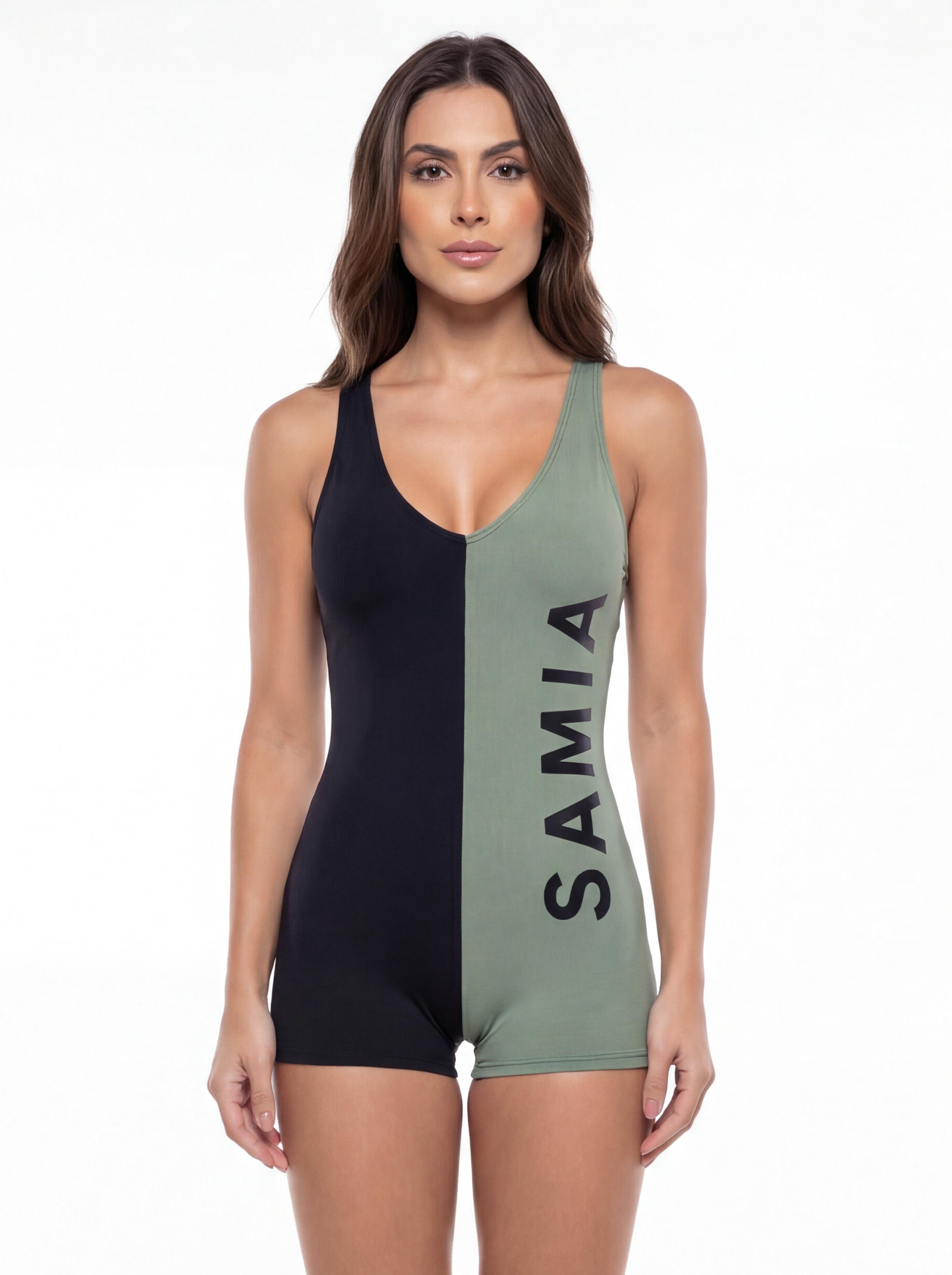 Traje de baño mujer natación pierna corta bicolor verde – Samia